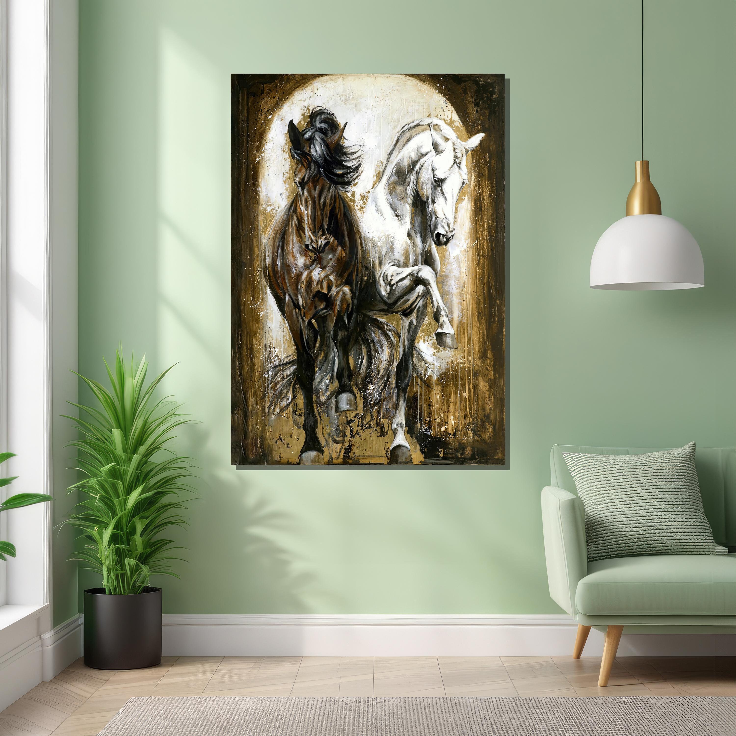 Majestic Horses Canvas Painting, Dual Horse Art, Black and White Animal ...