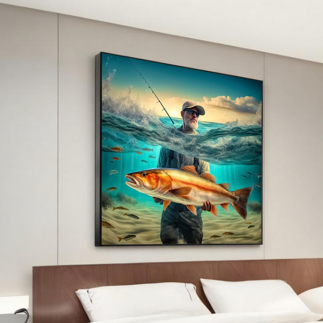 Tranquil Catch - Modern Canvas Painting of Fisherman With Giant Fish in ...