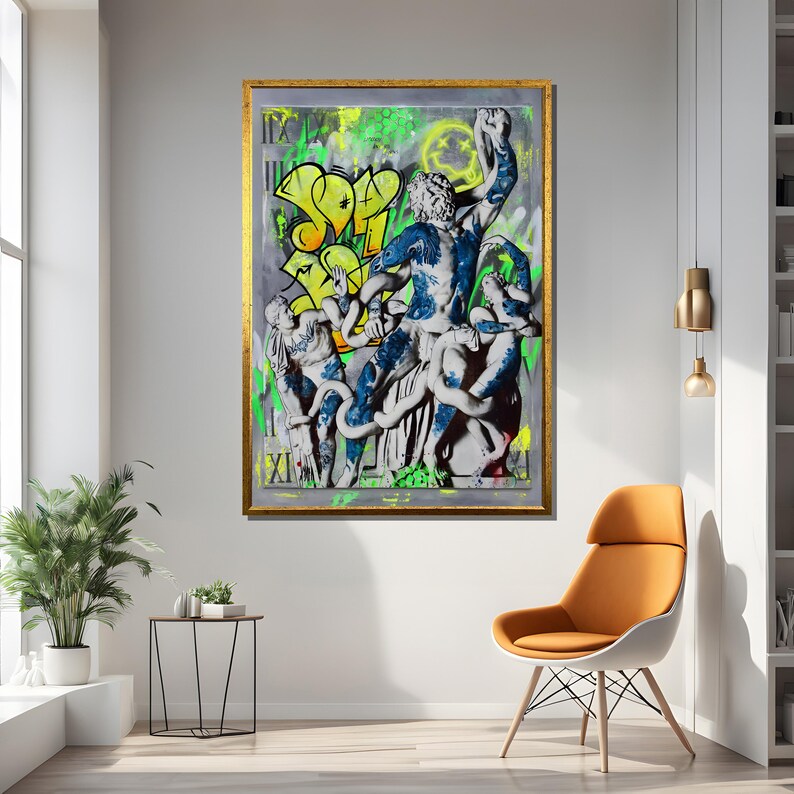Graffiti on Classical Sculpture Canvas Art – Banksy-inspired Urban ...