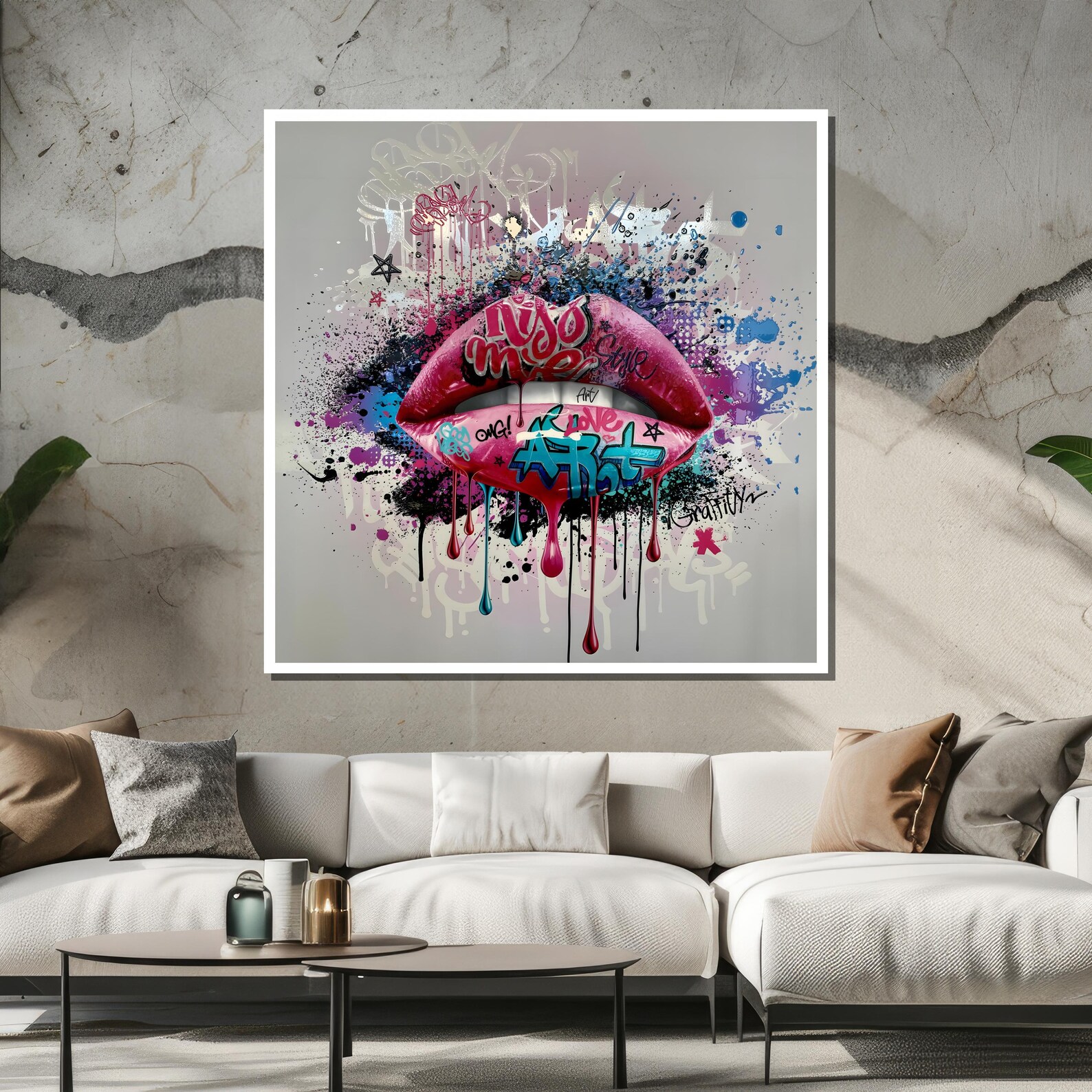 Vibrant Red Lips Graffiti: Banksy-style Pop Art Canvas Painting ...