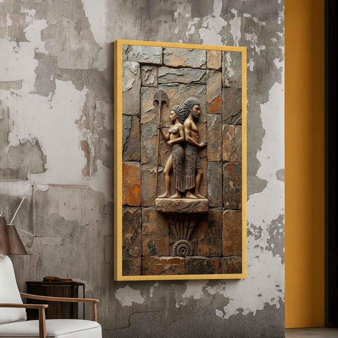 Tribal Warrior and Woman Relief Sculpture, Rustic Stone Wall Art Canvas ...