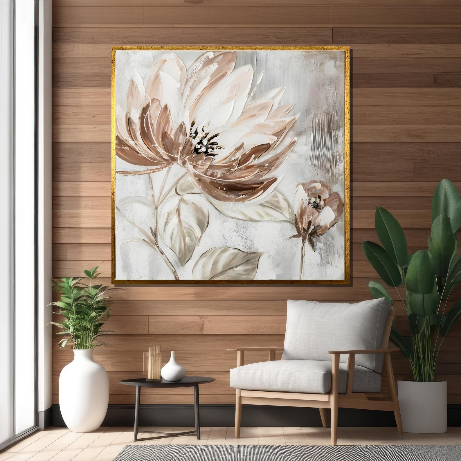 Earthy Tones Flower Canvas Painting – Hand-painted Floral Art for ...