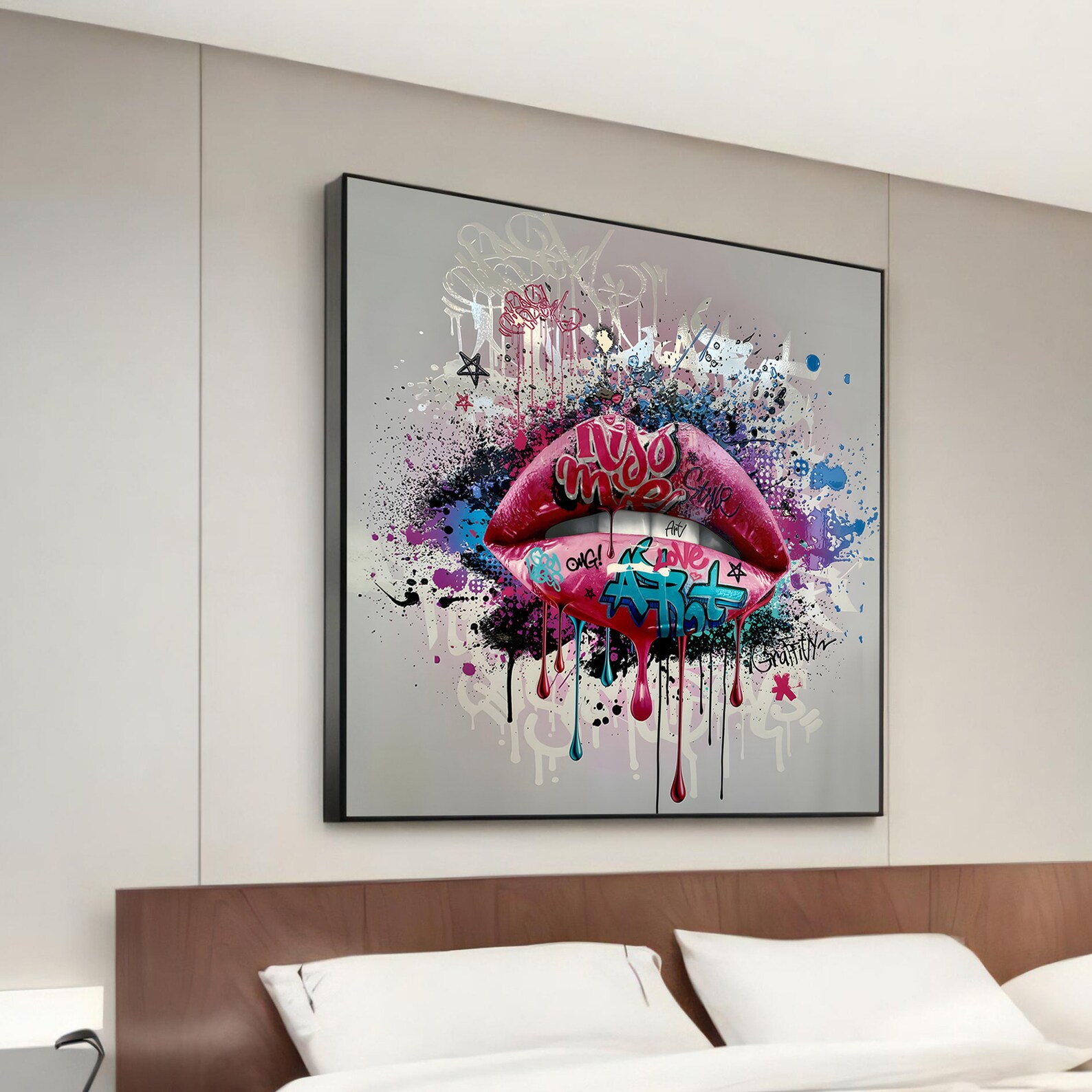 Vibrant Red Lips Graffiti: Banksy-style Pop Art Canvas Painting ...