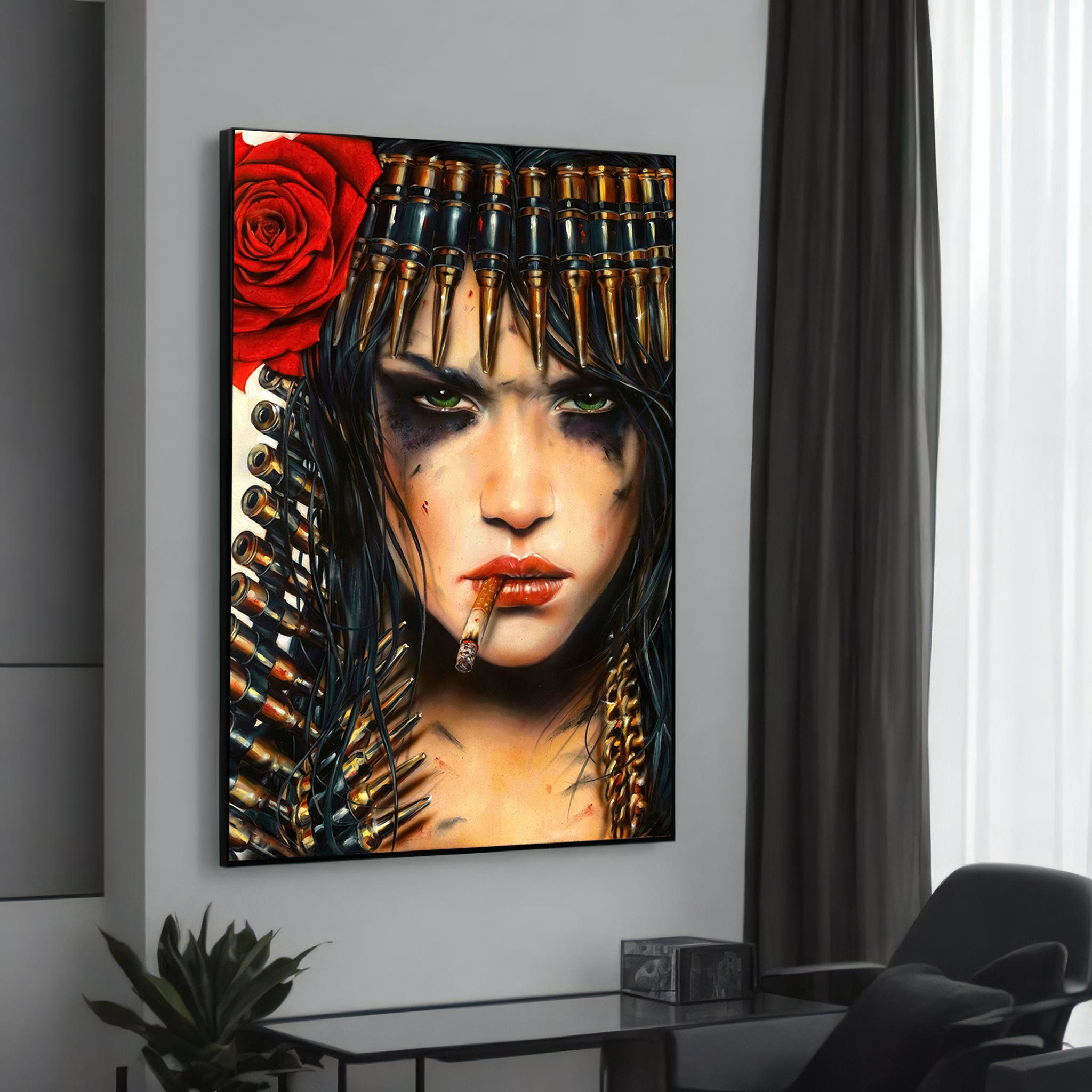 Fierce Woman With Bullets and Rose Canvas Painting - Bold Portrait Art ...