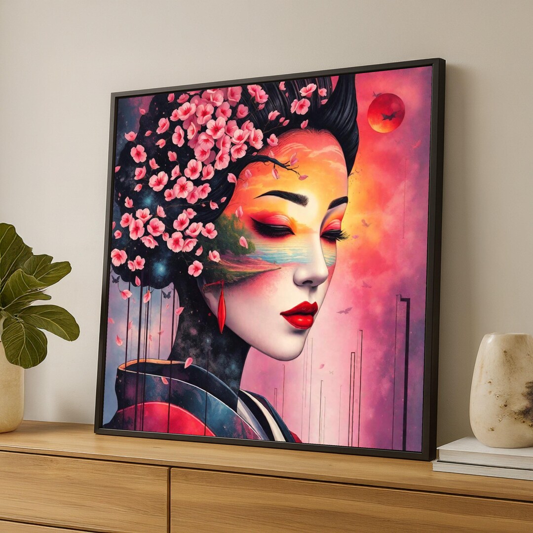 Ethereal Geisha Portrait Canvas, Sakura Blossom Wall Art, Surreal ...
