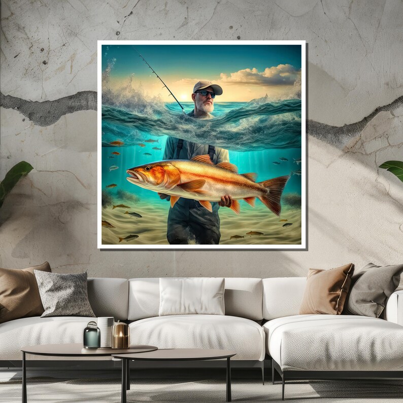Tranquil Catch - Modern Canvas Painting of Fisherman With Giant Fish in ...