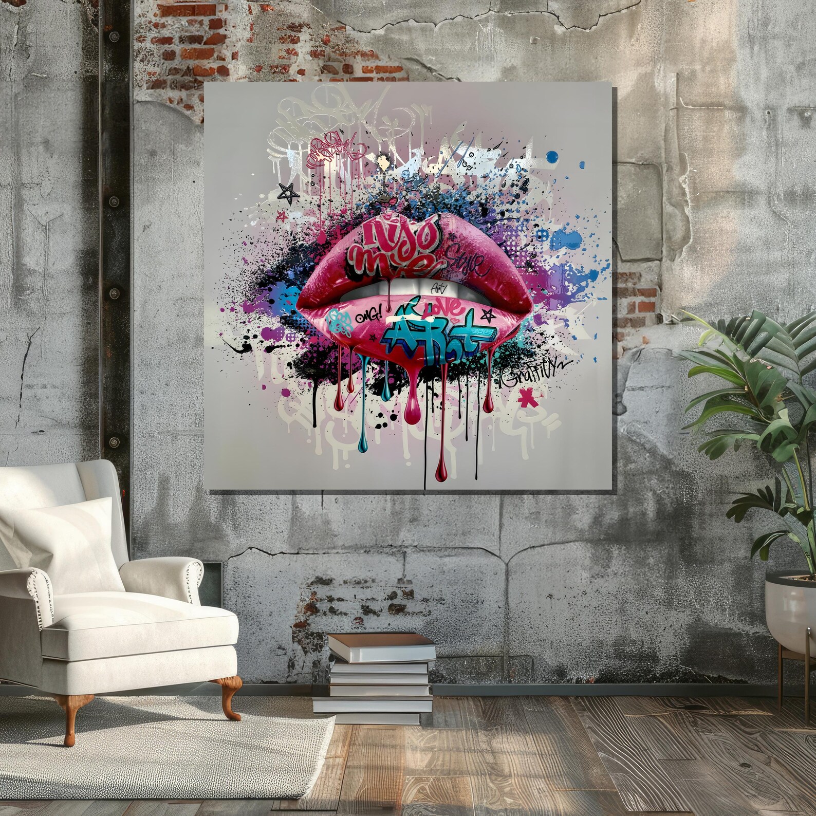 Vibrant Red Lips Graffiti: Banksy-style Pop Art Canvas Painting ...