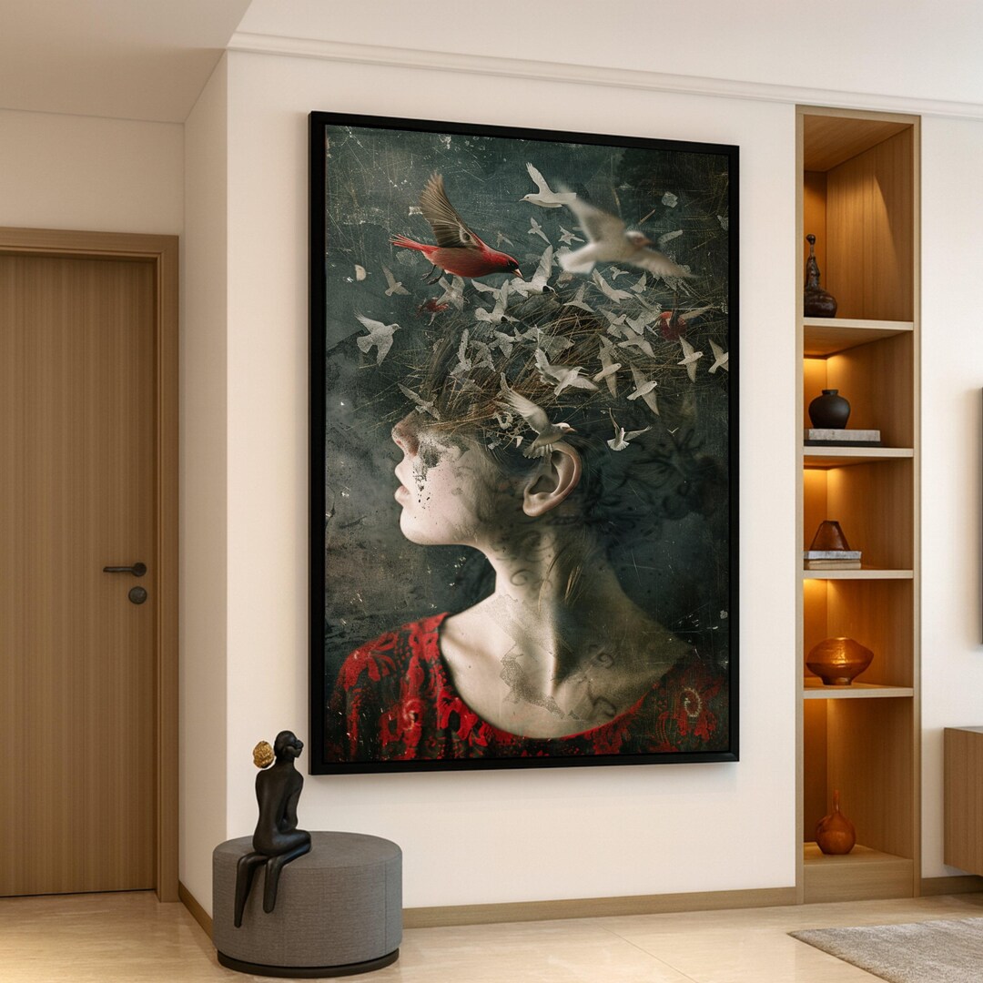 Surreal Female Profile With Flying Birds Canvas, Abstract Art Wall ...
