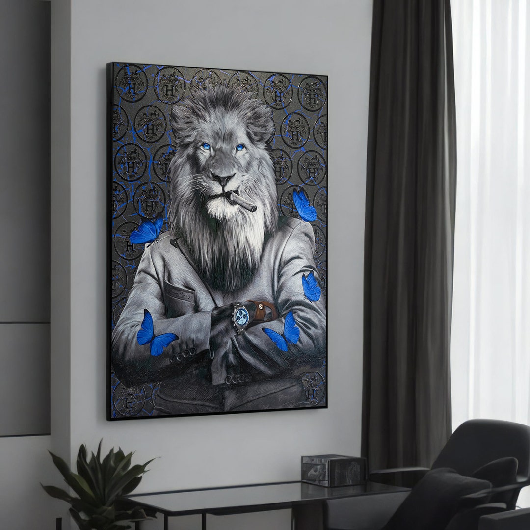 Elegant Lion Canvas Painting, Unique Animal Art, Blue Butterfly Decor ...