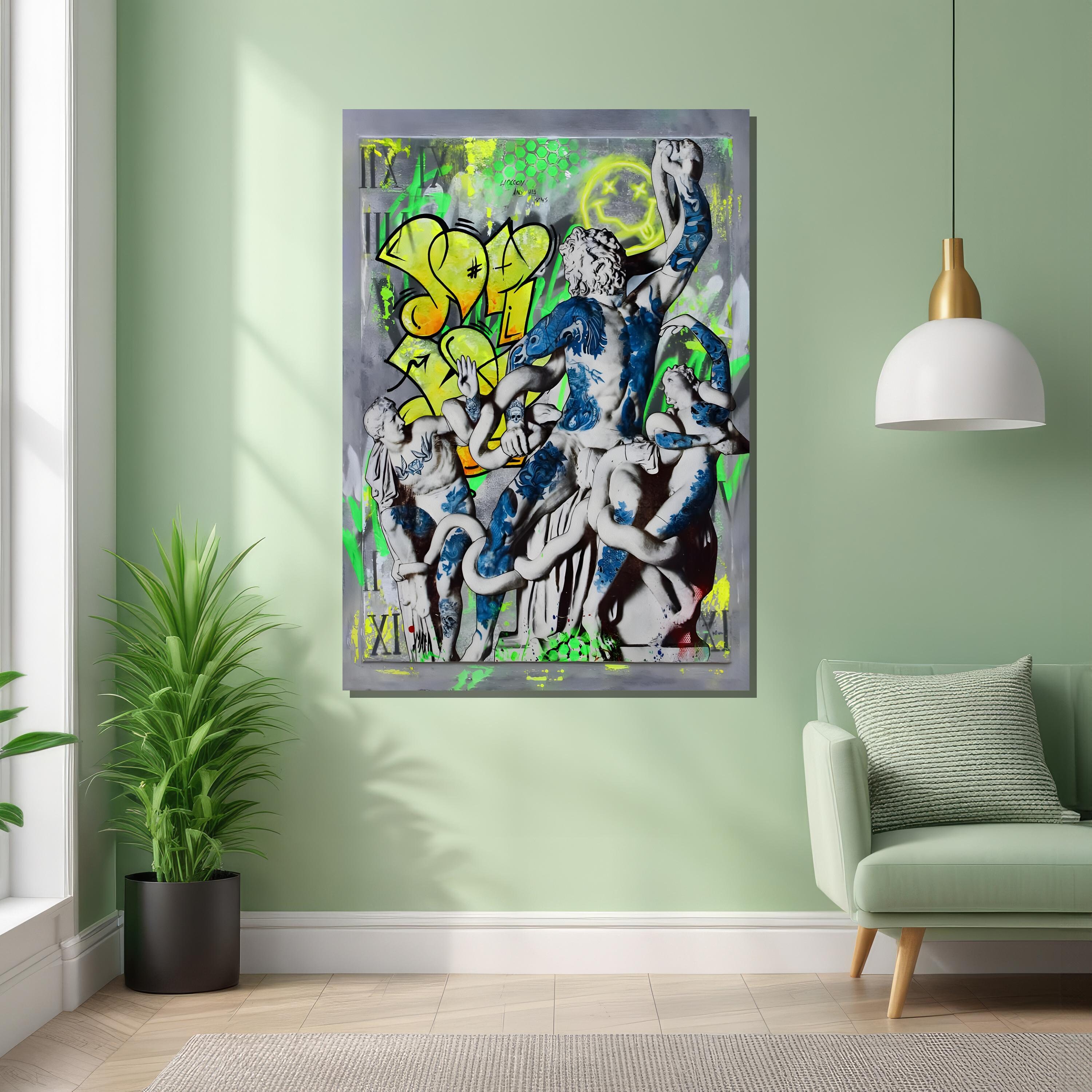 Graffiti on Classical Sculpture Canvas Art – Banksy-inspired Urban ...