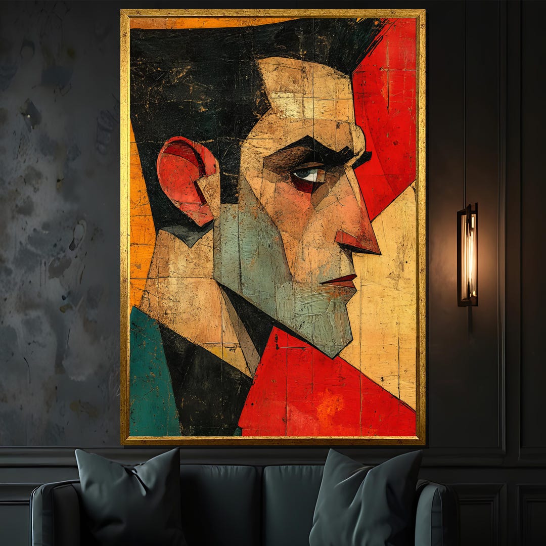 Cubist Male Portrait Canvas Painting, Abstract Modern Wall Art With ...