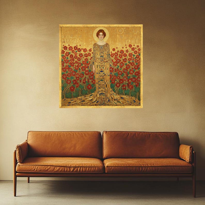 Gustav Klimt Red Poppy Woman Canvas Wall Art, Golden Decorative ...