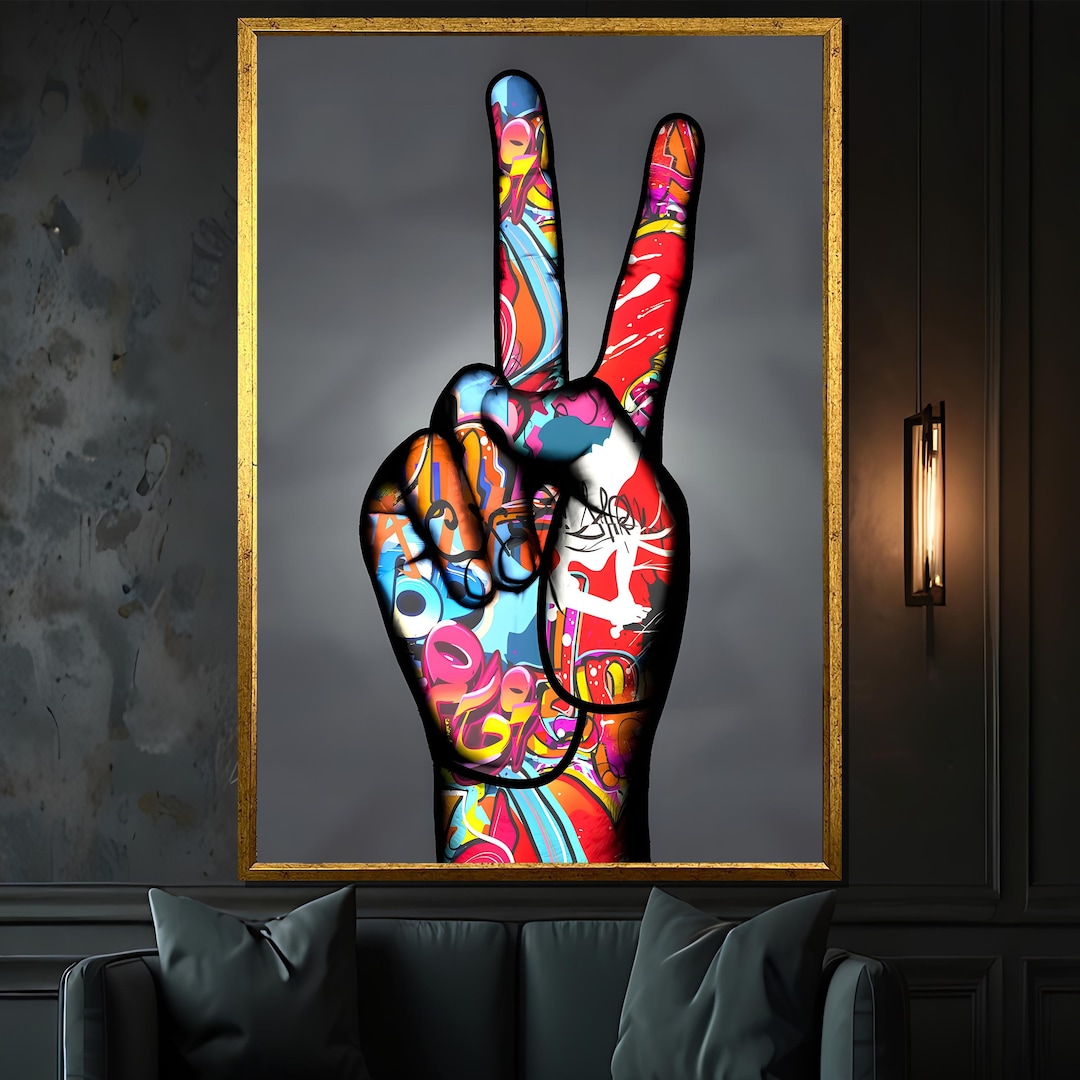 Colorful Peace Hand Sign Graffiti Art - Bold and Vibrant Canvas ...