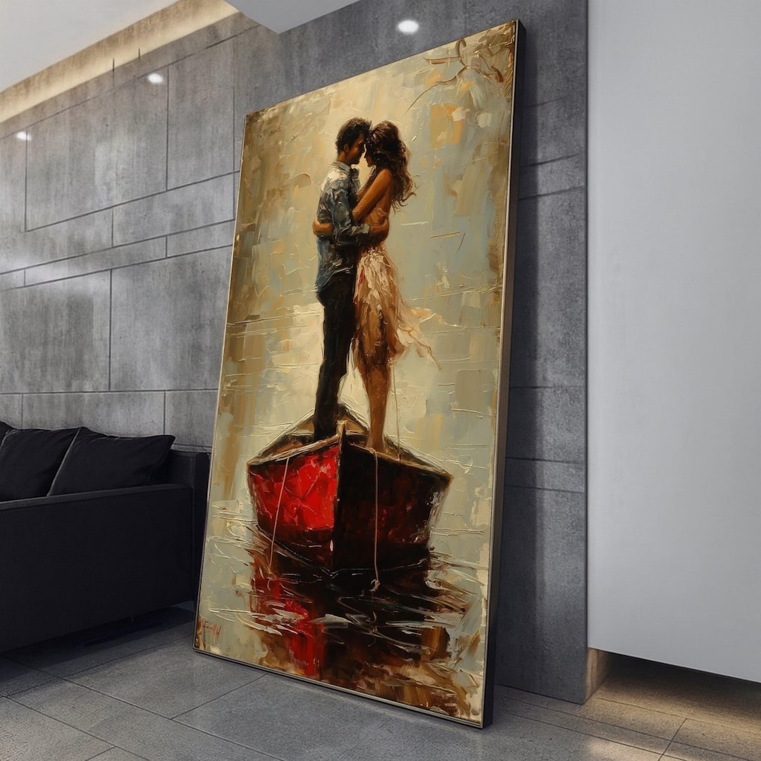 Romantic Couple Embrace on Red Boat Canvas, Love Scene Wall Art, Modern ...