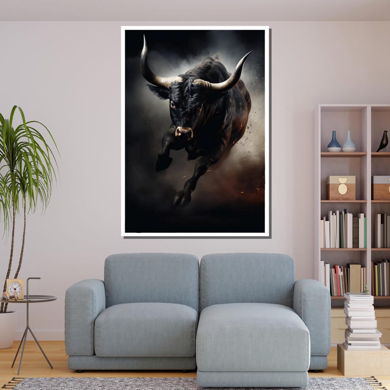 Majestic Charging Bull Canvas Painting - Dynamic Animal Art Symbolizing ...