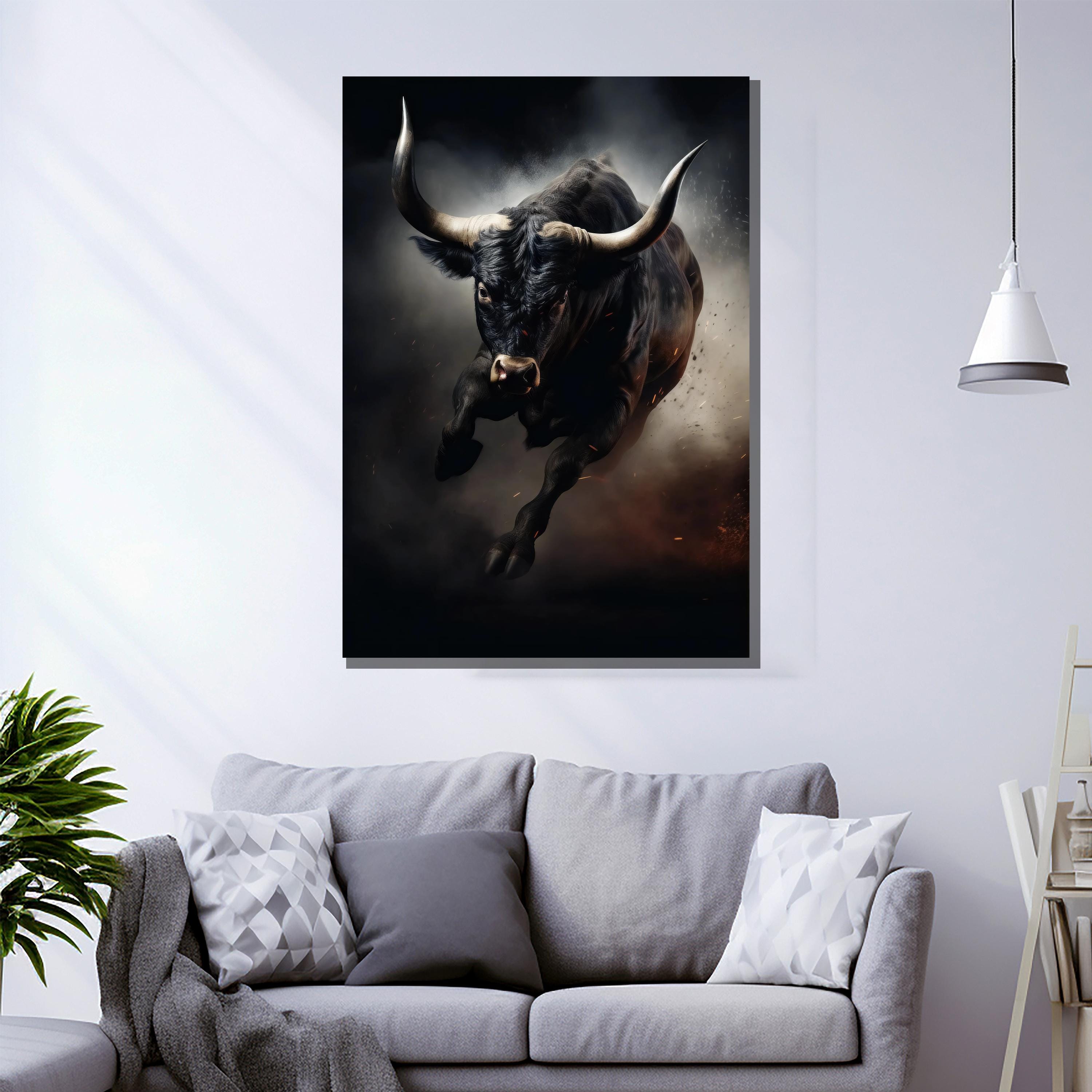 Majestic Charging Bull Canvas Painting - Dynamic Animal Art Symbolizing ...