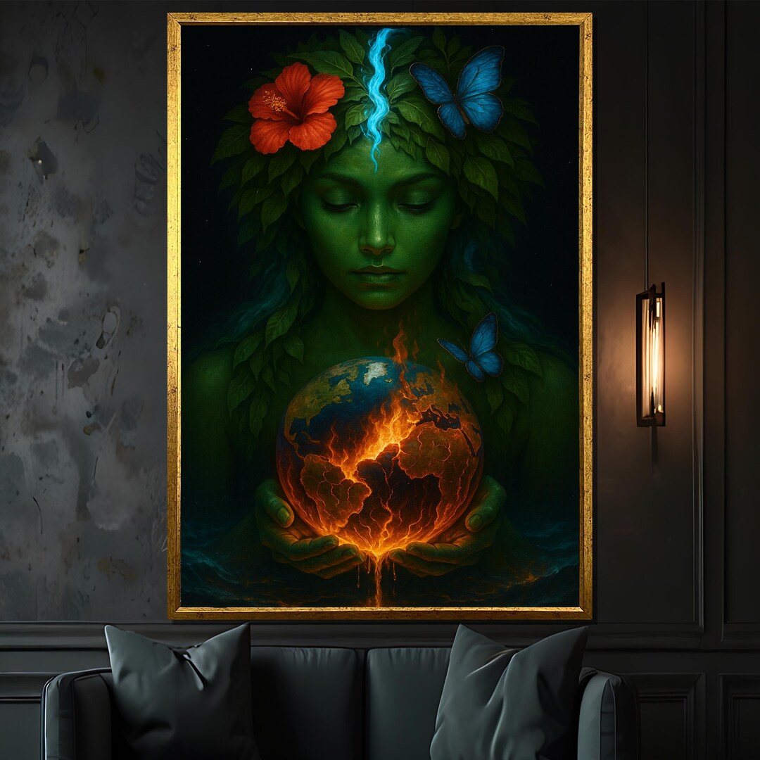 Nature Goddess Holding a Burning Earth – Symbolic Canvas Painting of ...