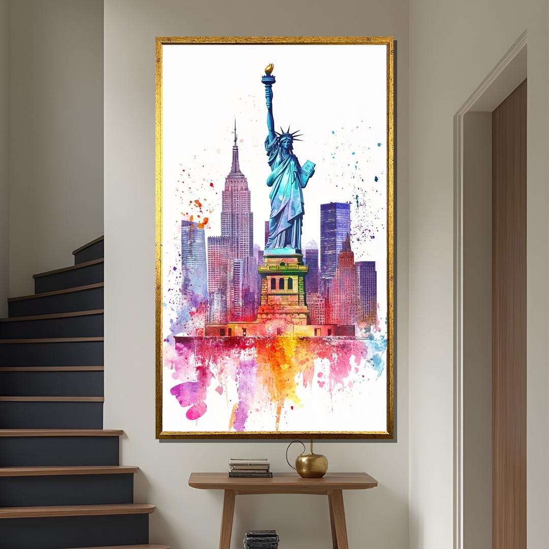 Statue of Liberty Canvas Painting - Vibrant Watercolor New York Skyline ...