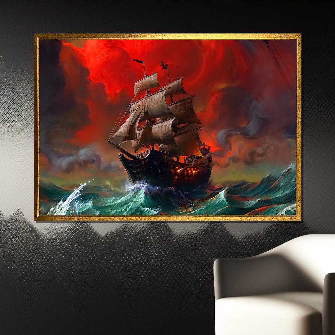 Epic Pirate Ship Canvas Painting - Dramatic Fantasy Art With Fiery Red ...