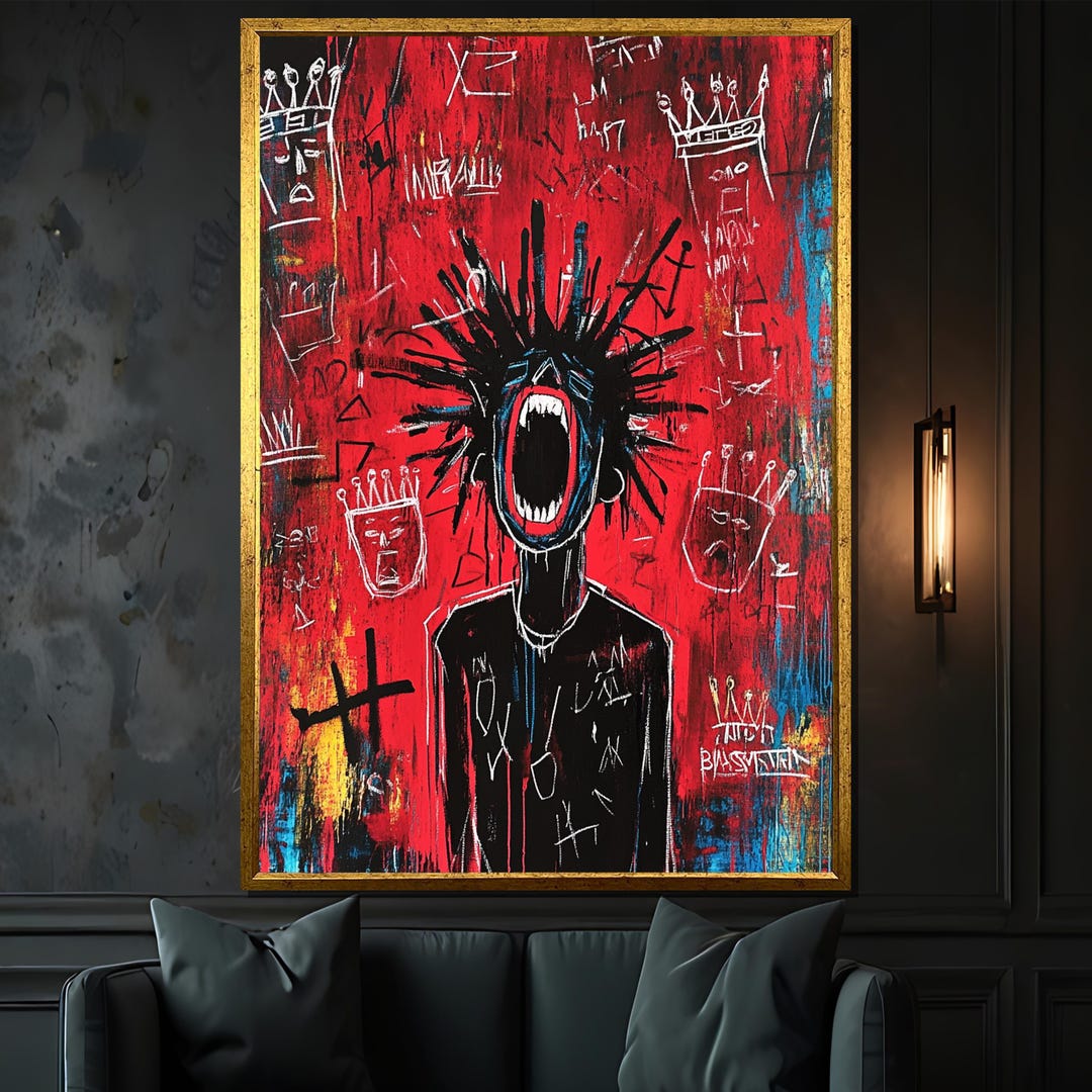 Jean-michel Basquiat Inspired Canvas Painting, Bold Red Abstract Art ...
