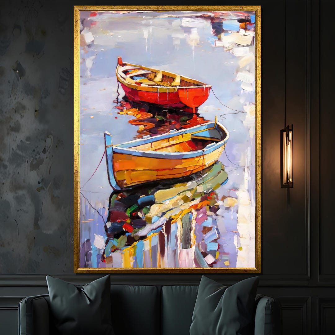 Colorful Boat Canvas Painting - Impressionist Water Reflection Art ...