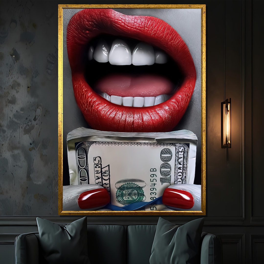 Bold Red Lips With Money Canvas Painting – Unique Art Gift for Modern ...