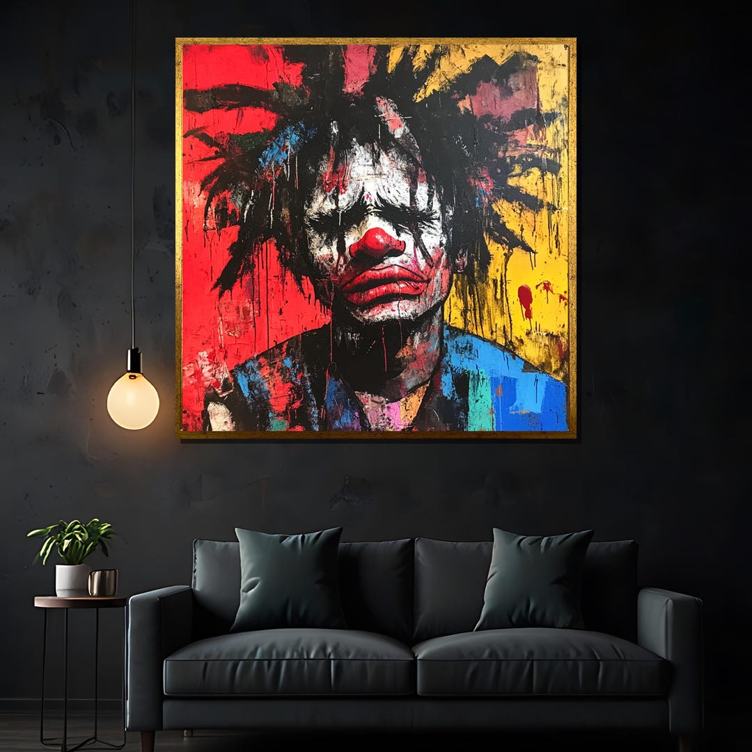 Basquiat Style Crying Clown Canvas Painting, Abstract Urban Jester ...