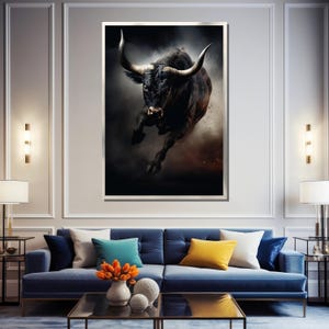 Majestic Charging Bull Canvas Painting - Dynamic Animal Art Symbolizing ...