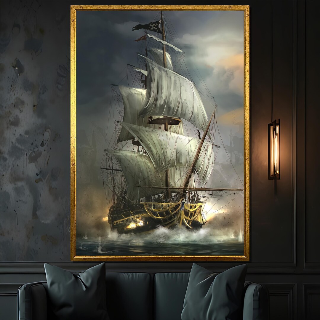 Pirate Ship in Fierce Battle Canvas Painting - Bold Nautical Artwork ...
