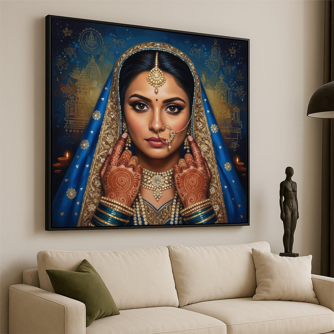 Traditional Indian Bride Portrait Canvas, Henna Mehndi Hands Wall Art ...
