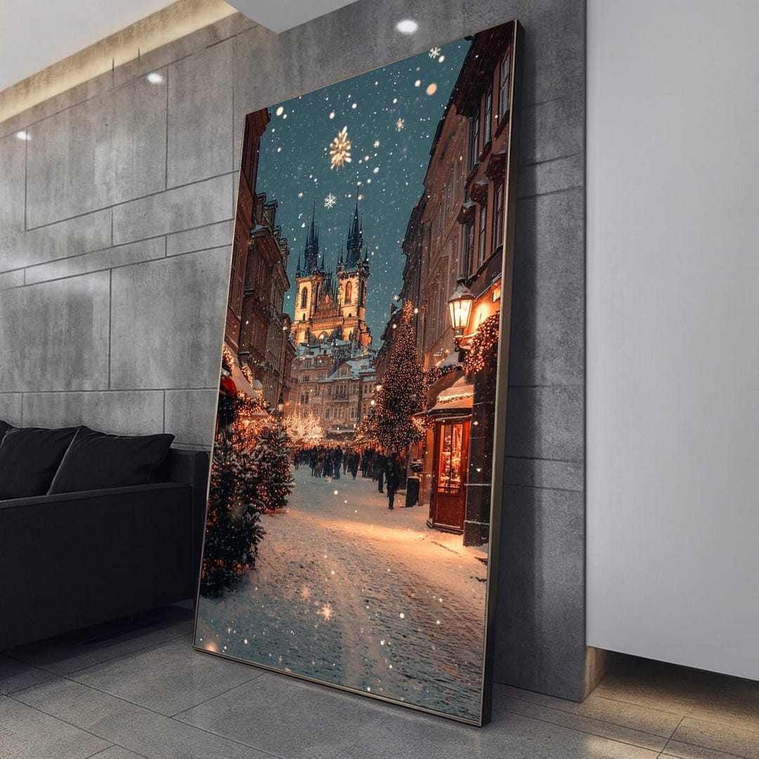 Winter Snowfall Street Scene Canvas, Christmas Market Lights, Festive ...