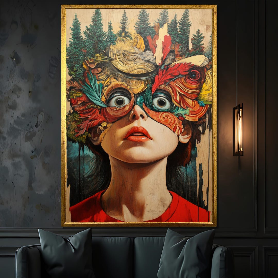 Vibrant Surreal Masked Portrait Canvas Painting - Unique Nature ...