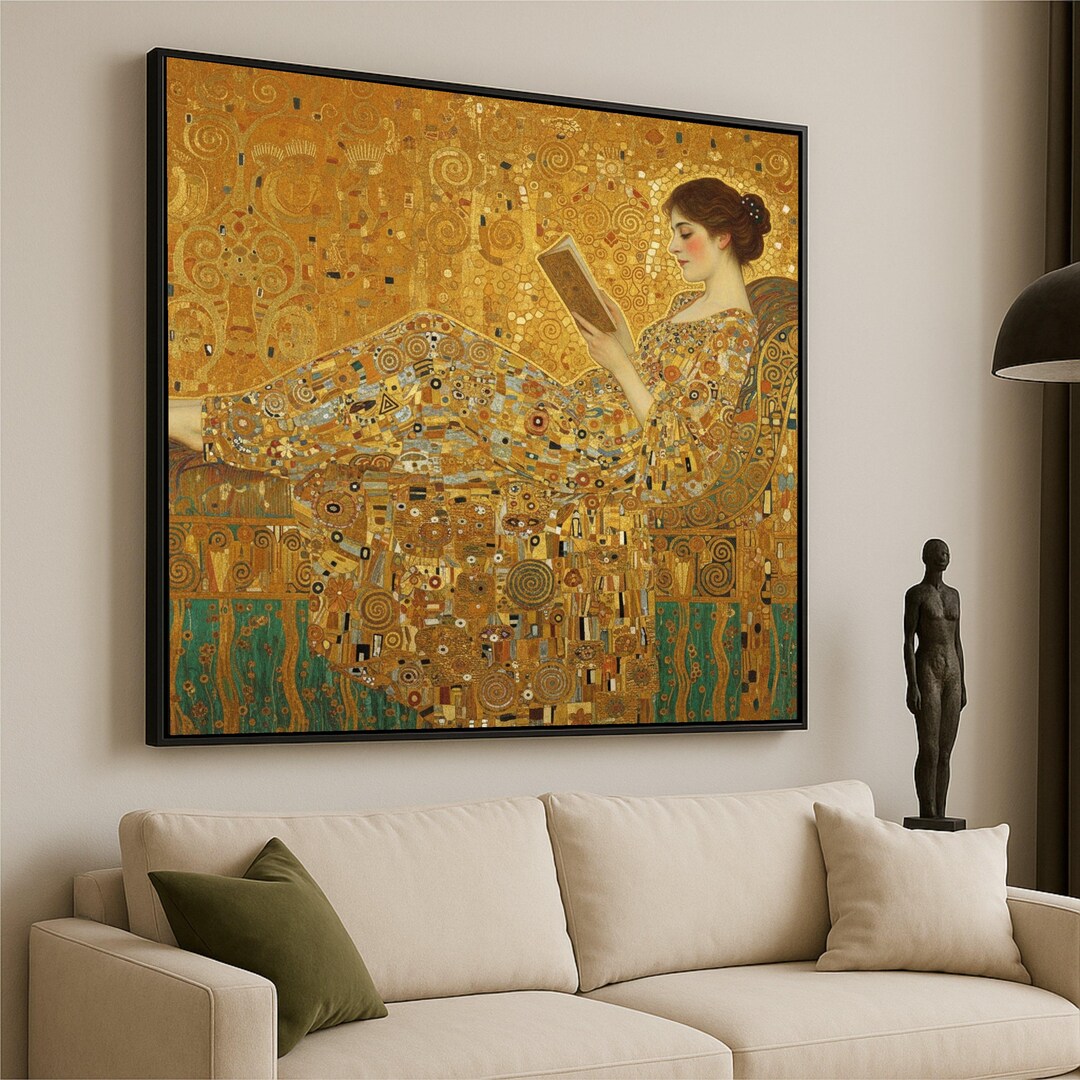 Gustav Klimt Reading Woman Canvas Wall Art, Golden Abstract Decorative ...