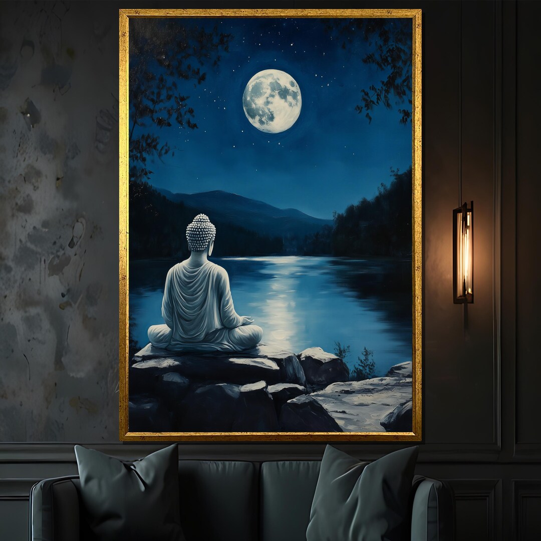 Moonlight Buddha Meditation Art Print, Tranquil Night Lake Scene Wall ...