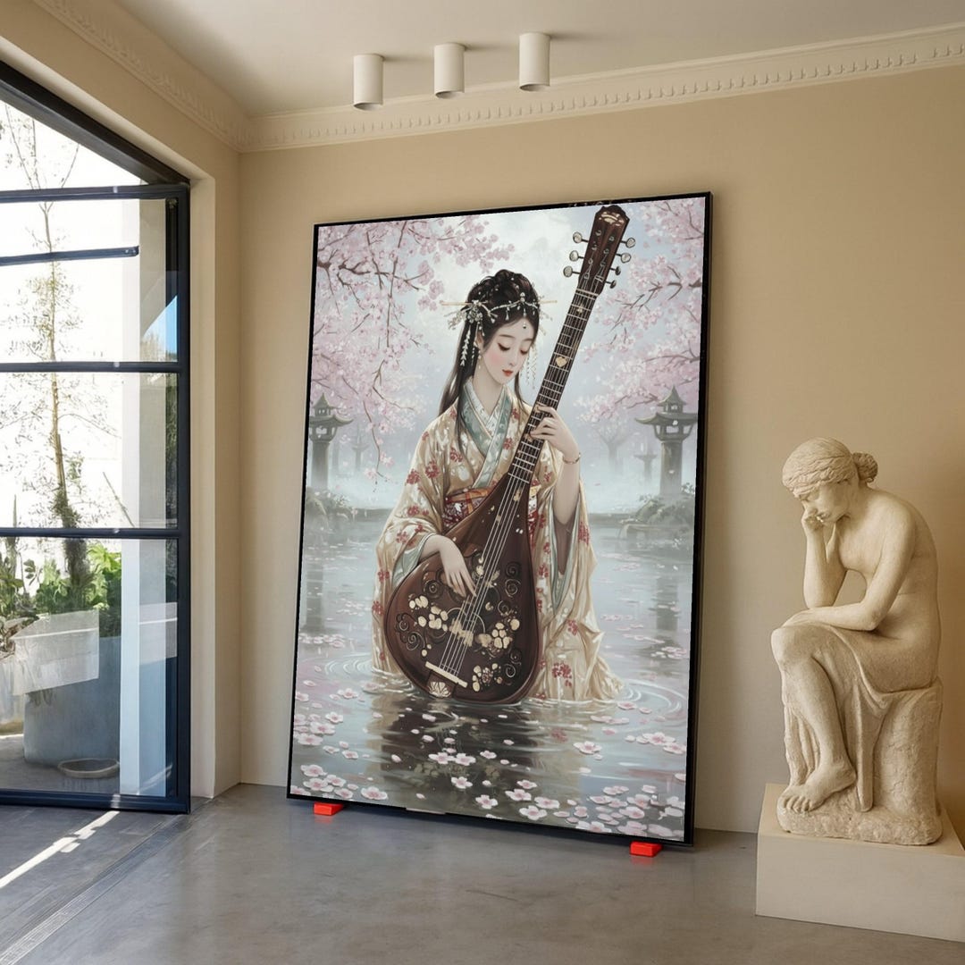 Elegant Asian Woman Playing Pipa, Cherry Blossom Canvas, Traditional ...