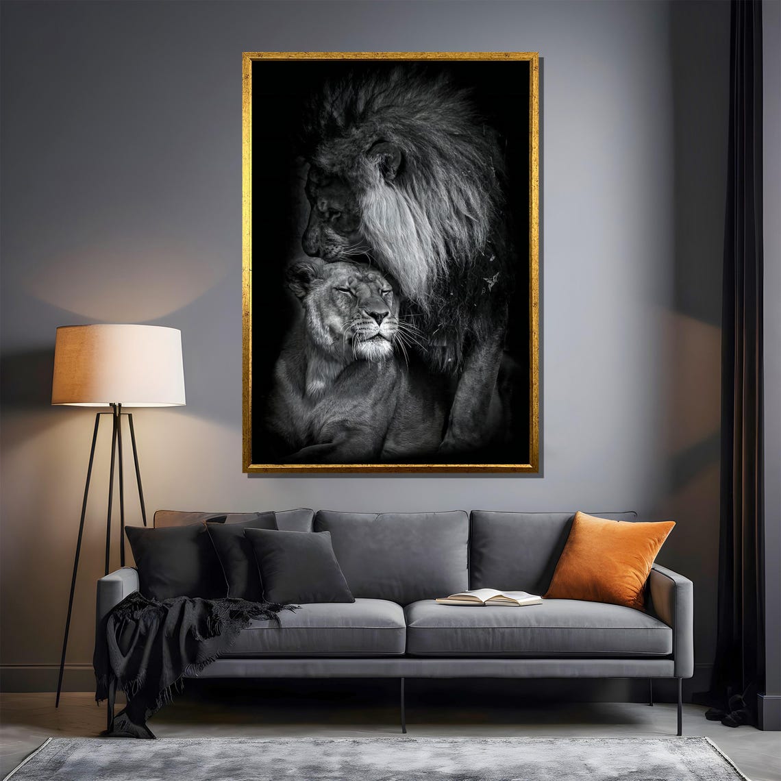 Intimate Bond of Lions Canvas Painting - Elegant Black and White ...