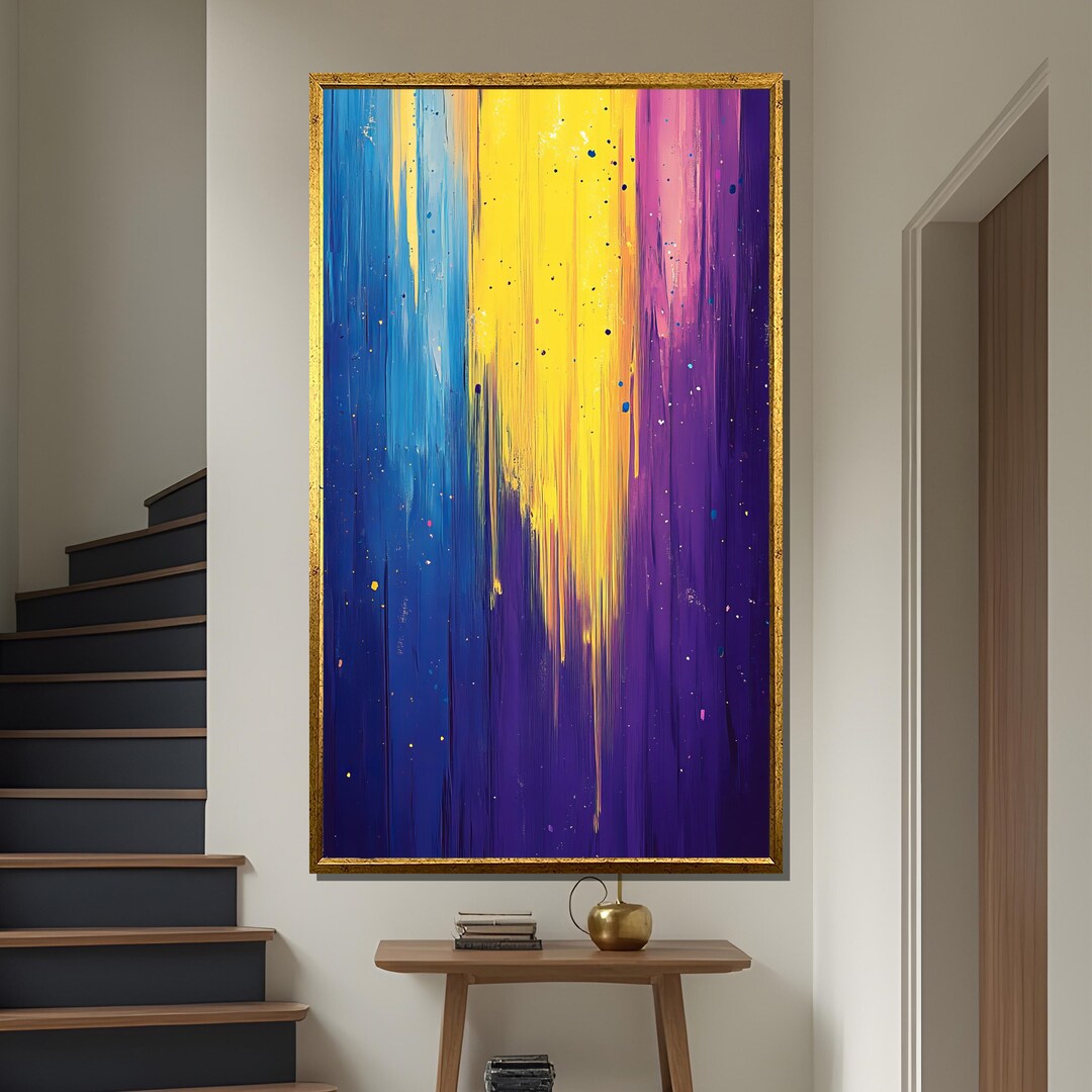 Vertical Abstract Canvas Painting, Bold Blue Yellow and Purple Wall Art ...