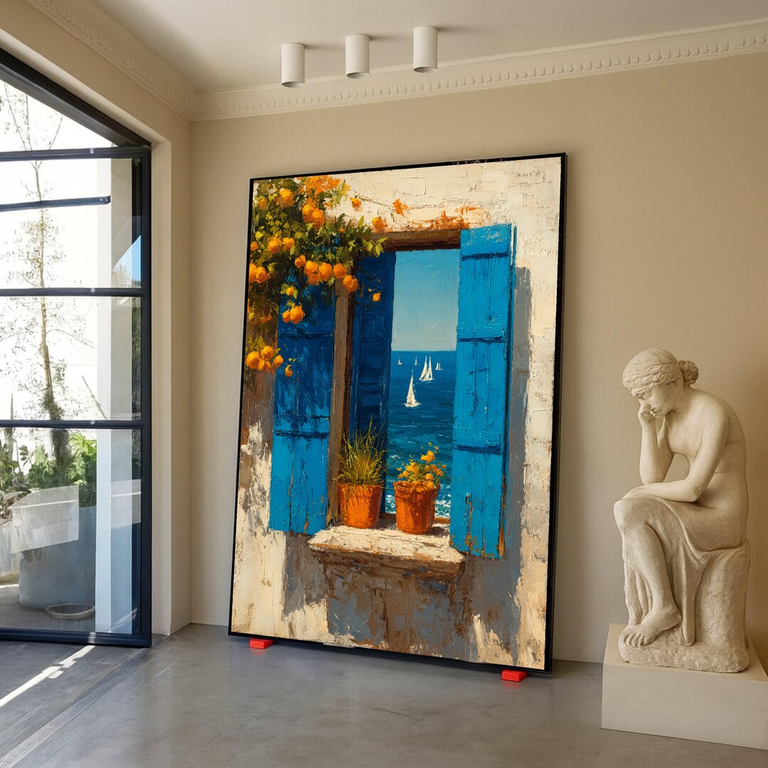 Mediterranean Blue Shutter Window Canvas, Seaside View Wall Art, Rustic ...