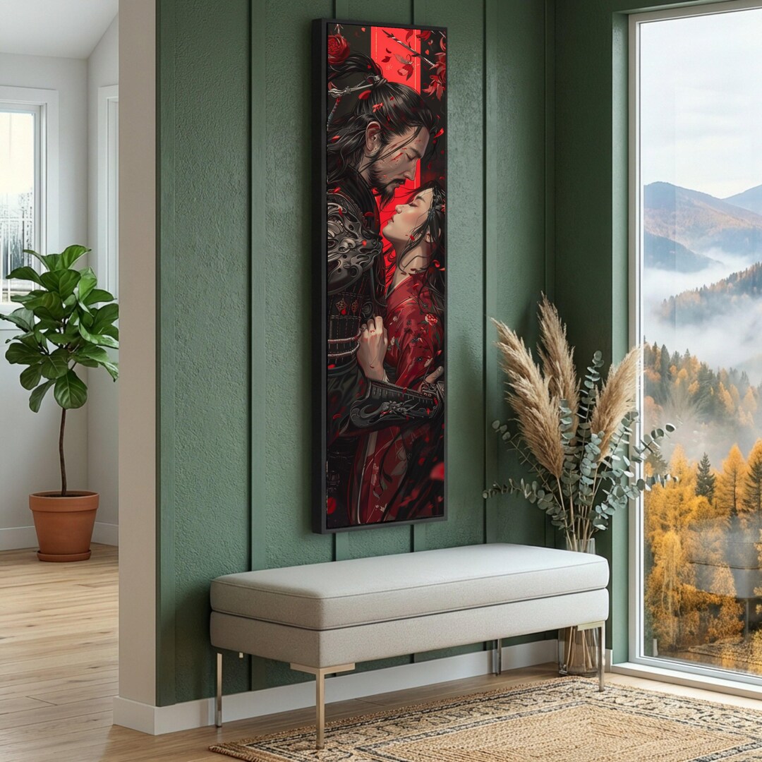 Romantic Samurai Embrace Canvas, Asian Warrior Lovers Art, Red Floral ...