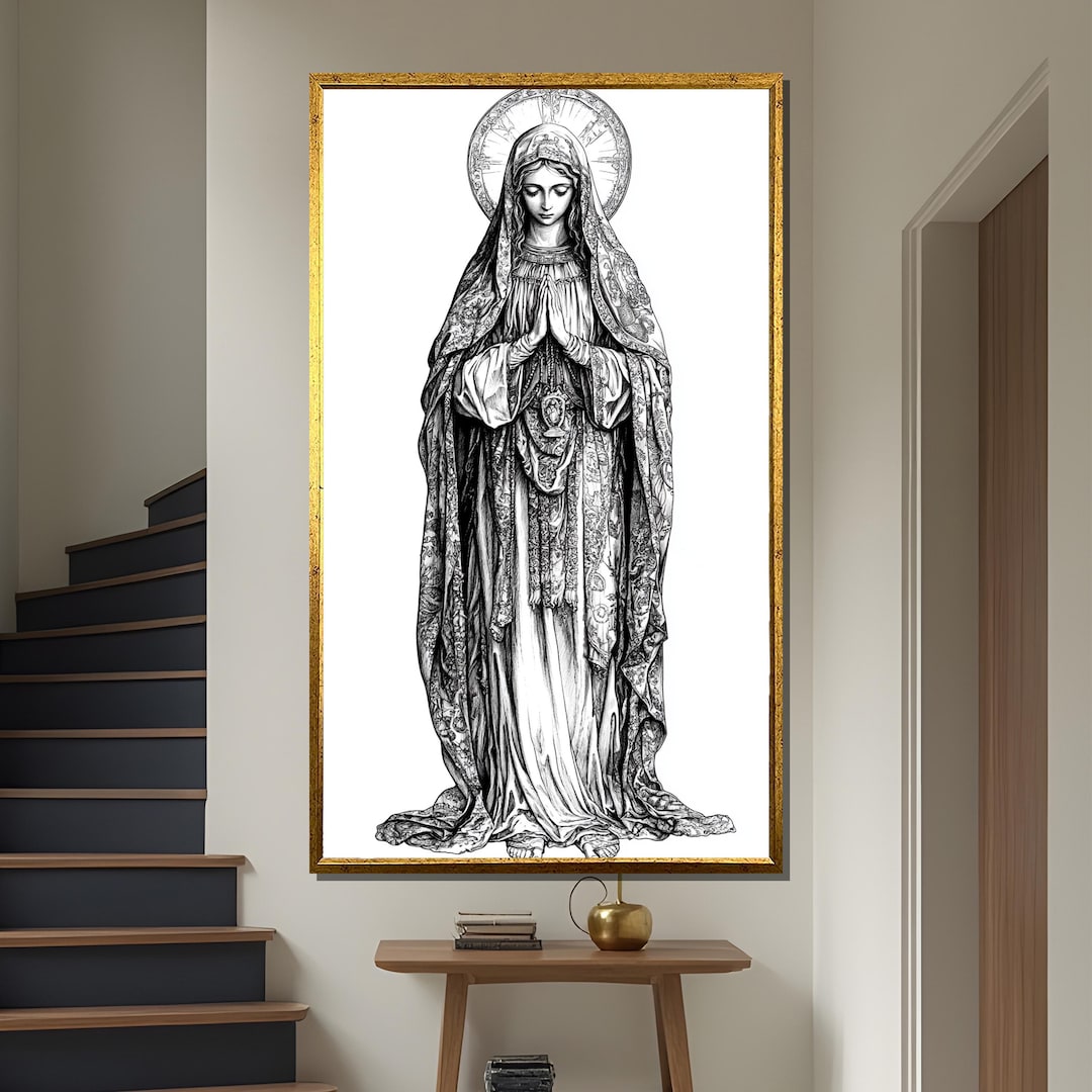Virgin Mary Canvas Painting, Black and White Religious Art, Holy Mother ...
