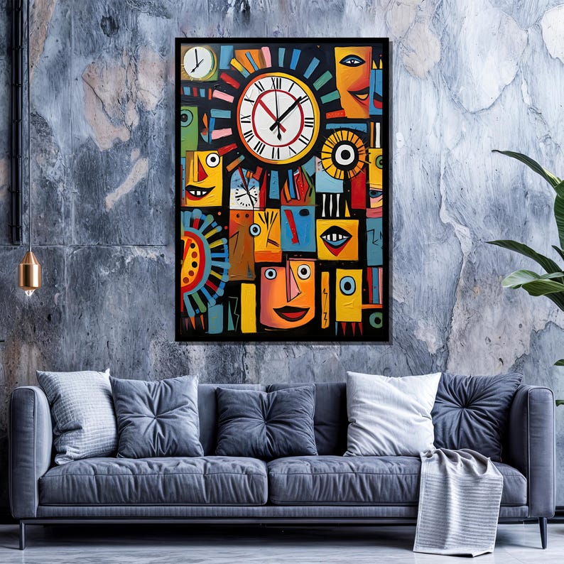 Vibrant Abstract Clock Canvas Painting - Colorful Wall Art Gift, Modern ...