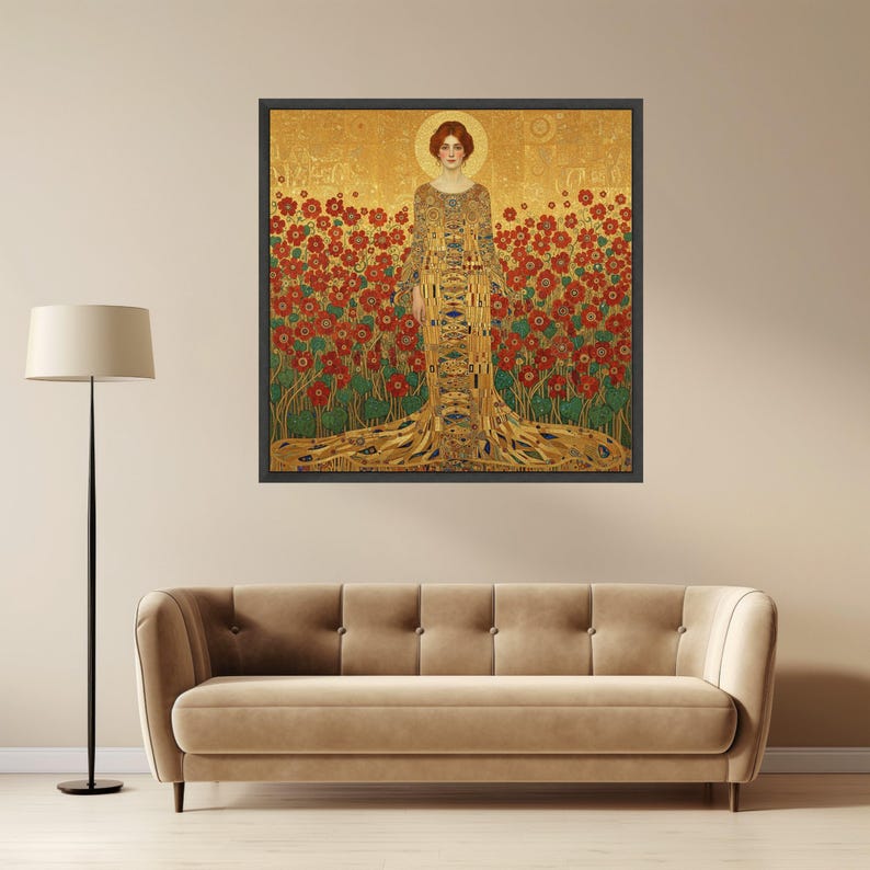 Gustav Klimt Red Poppy Woman Canvas Wall Art, Golden Decorative ...
