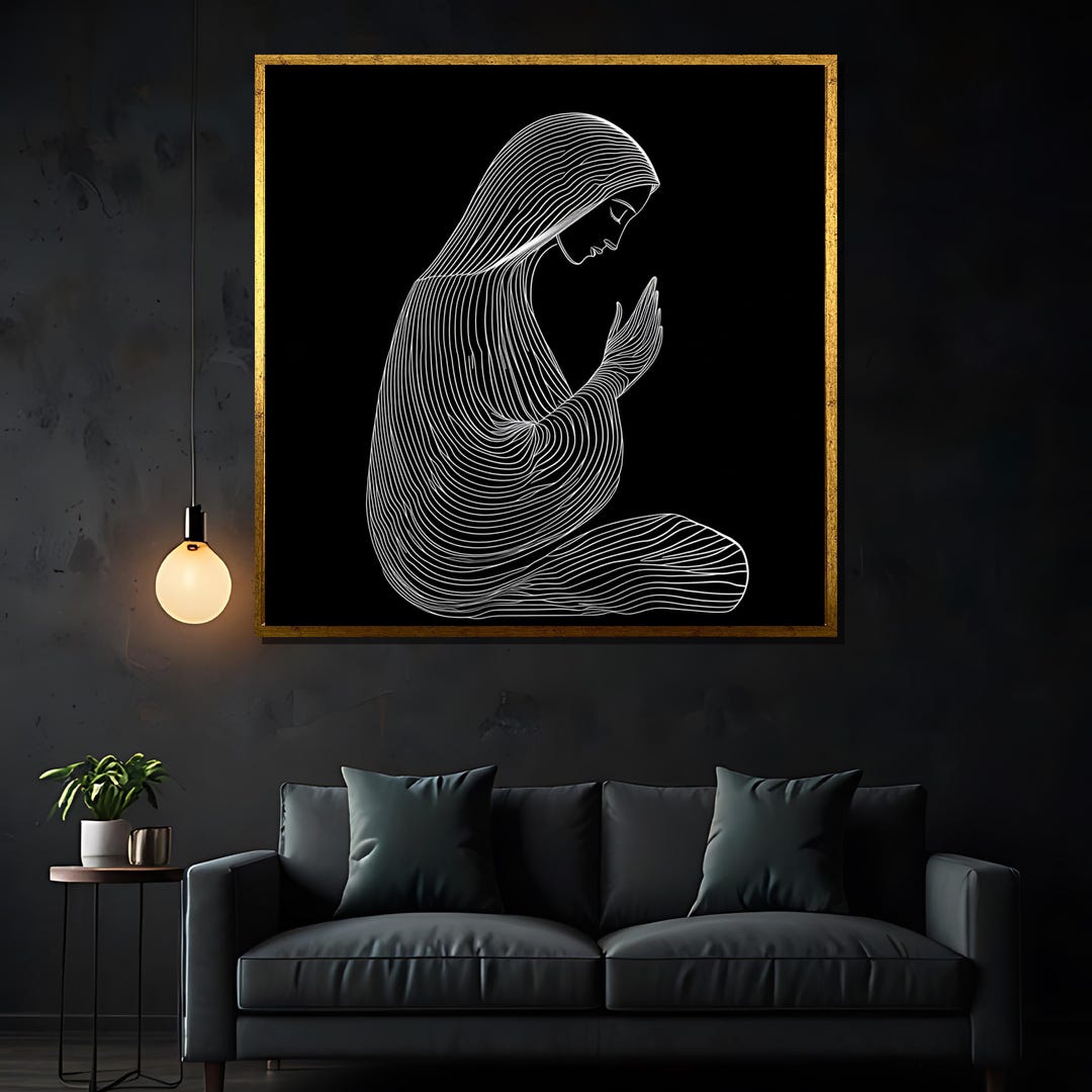 Minimalist Virgin Mary Canvas Painting, Abstract Line Art Religious ...