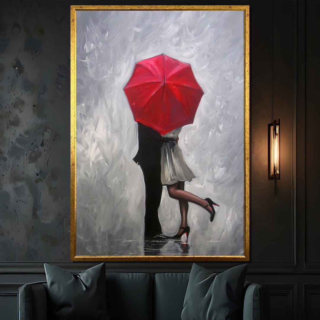 Romantic Red Umbrella Canvas Painting: Couple in Love Sharing a Tender ...