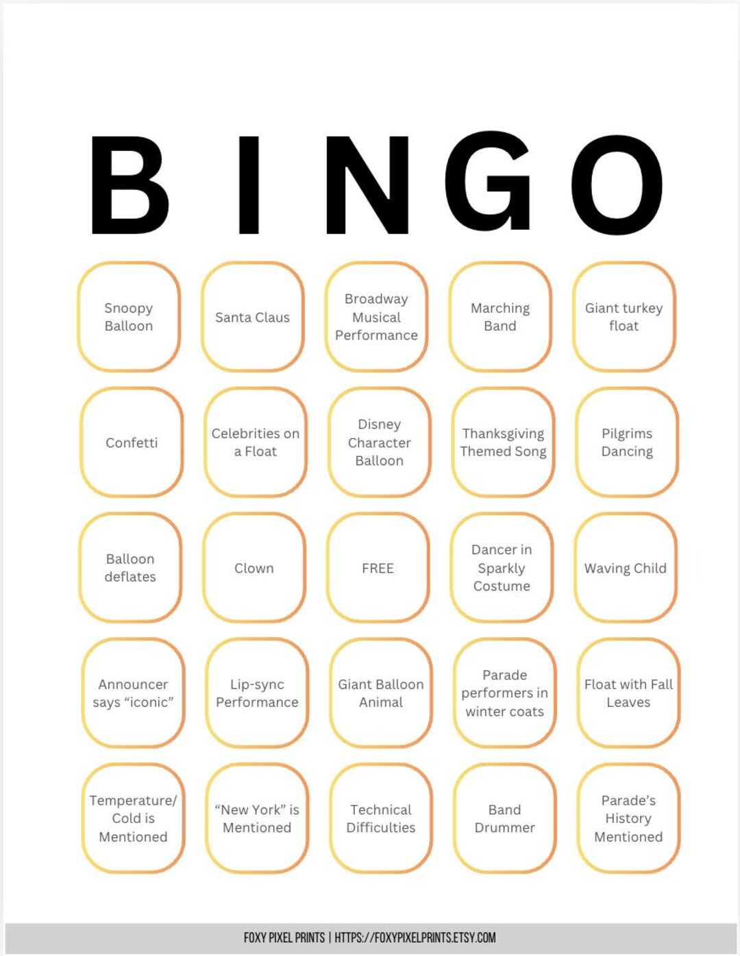 Bingo Card Game Macys Thanksgiving Day Parade - Etsy