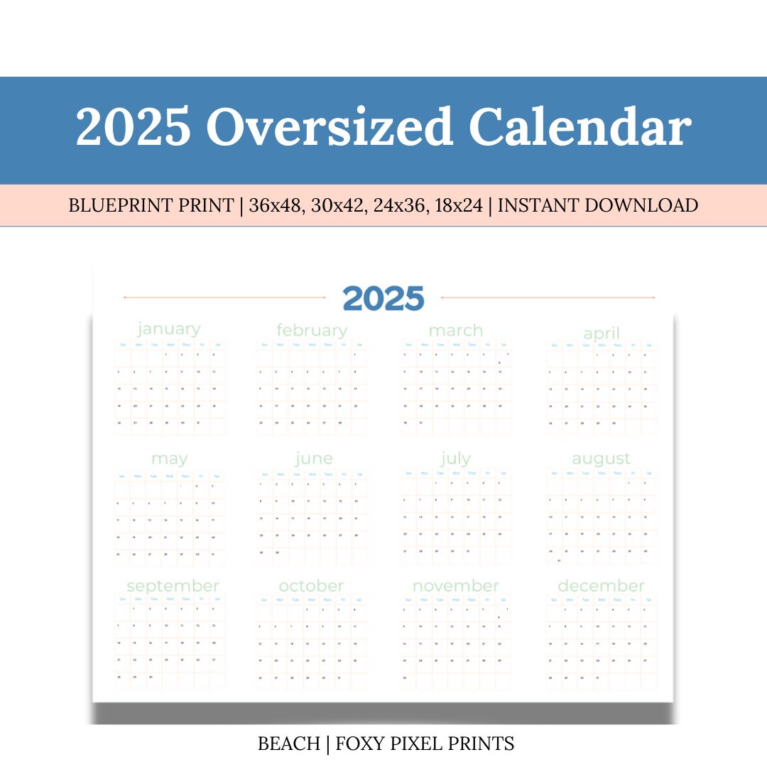 2025 Calendar 36x48 Blueprint Poster Digital Download: Beach Printable ...
