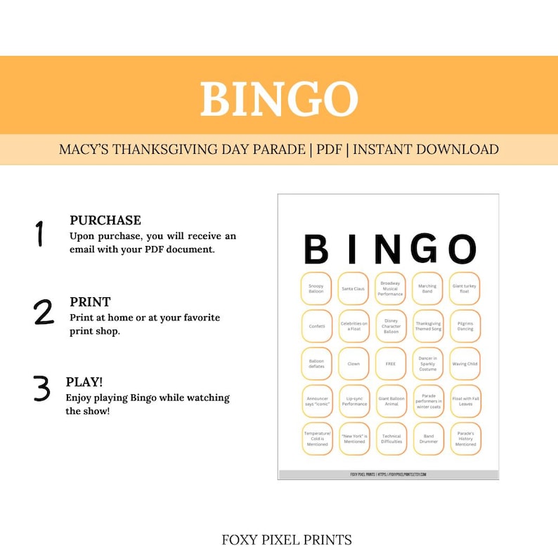 Bingo Card Game Macys Thanksgiving Day Parade - Etsy