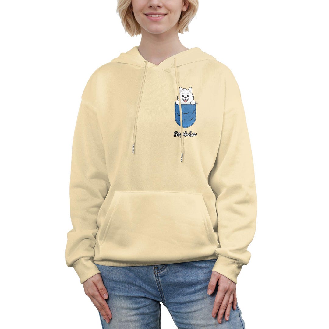 Cute Samoyed Dog in Jeans Pocket Hoodie, Custom Name Sweatshirt, Funny ...