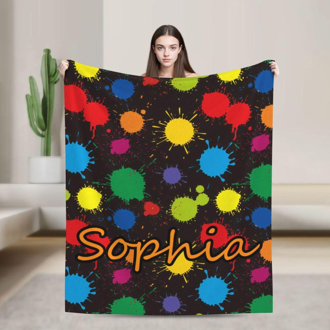 Custom Splatter Paint Blanket, Personalized Name Colorful Throw Blanket ...