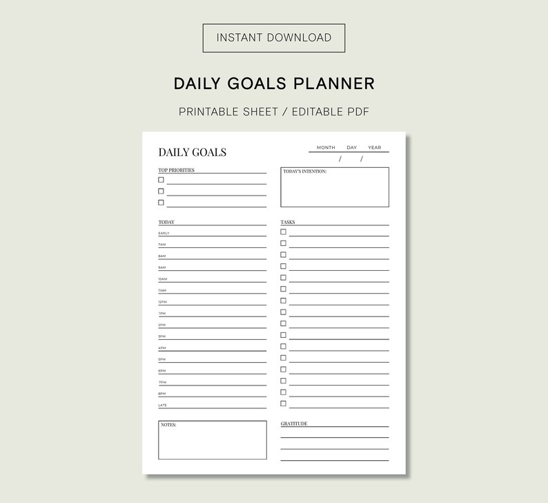 Daily Goals Planning Sheet / Printable Sheet / Editable PDF / Daily ...